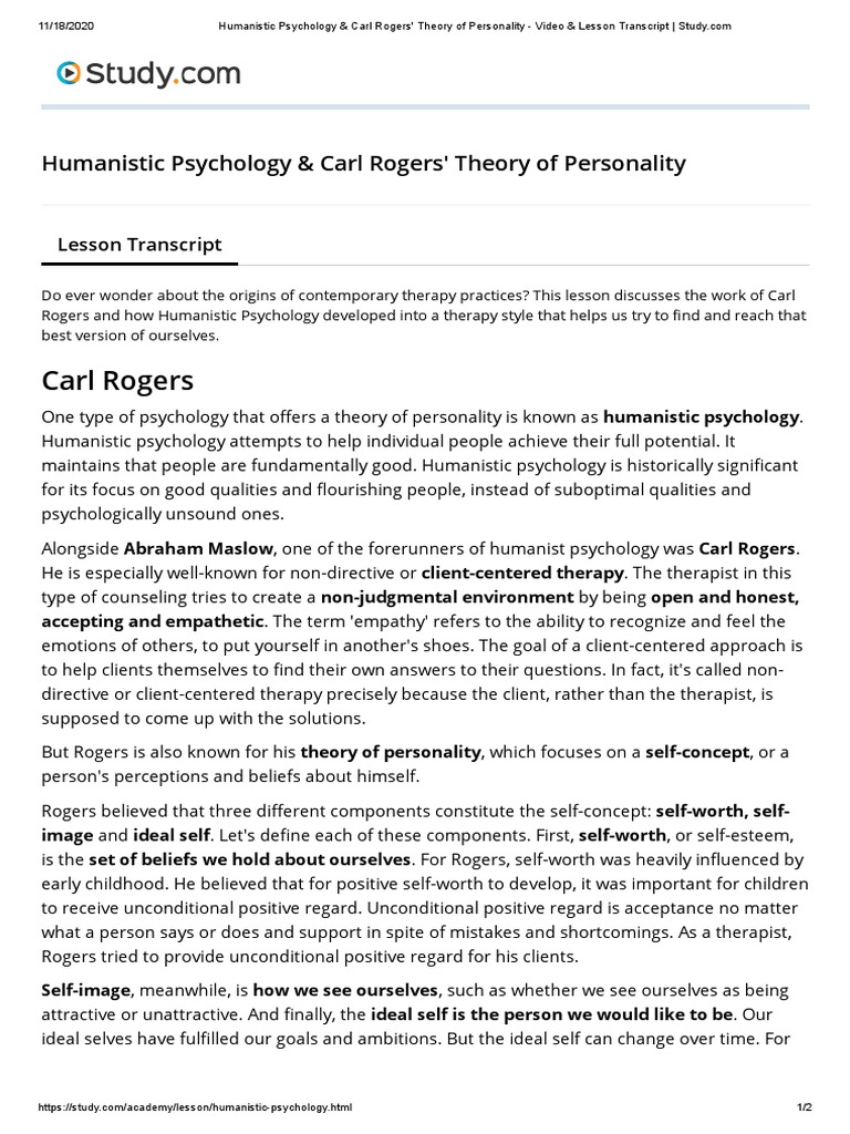 Humanistic Psychology & Carl Rogers' Theory of Personality | PDF ...