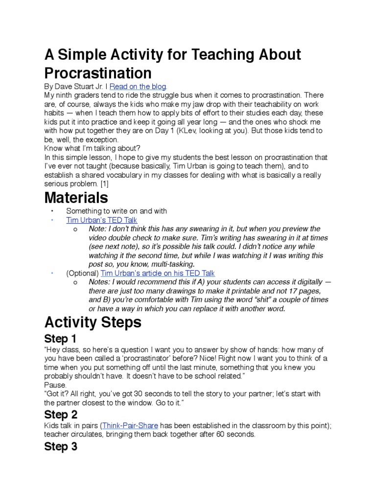 A Simple Activity For Teaching About Procrastination: Step 1 | PDF