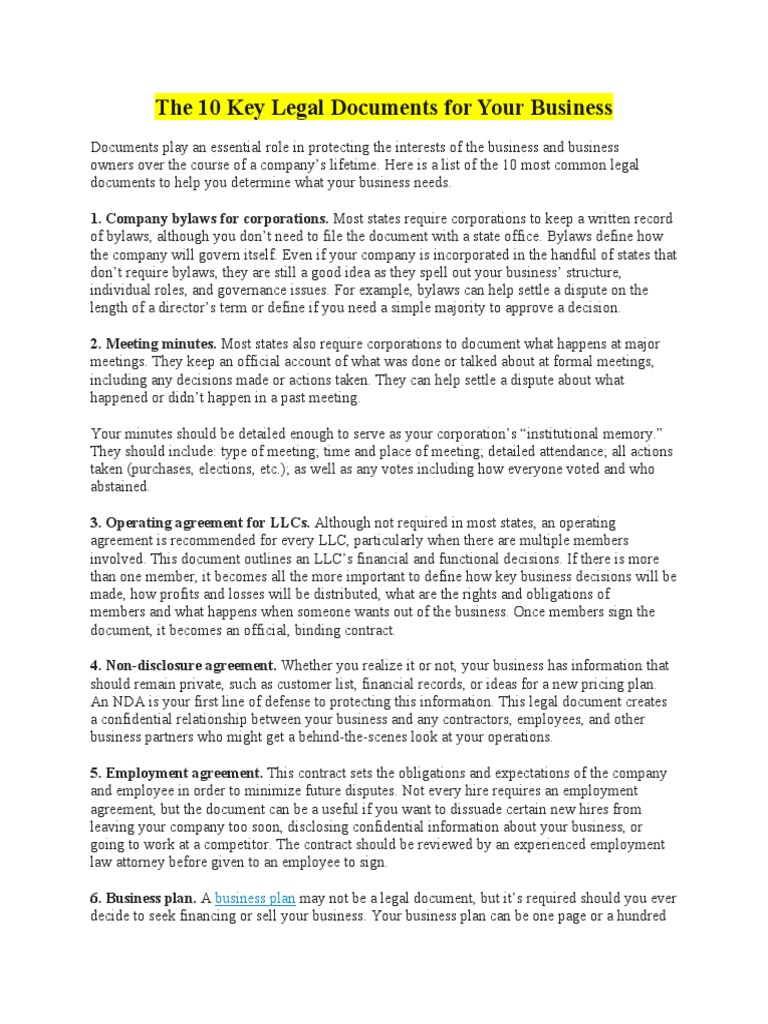 The 10 Key Legal Documents For A Business | PDF | Limited Liability ...