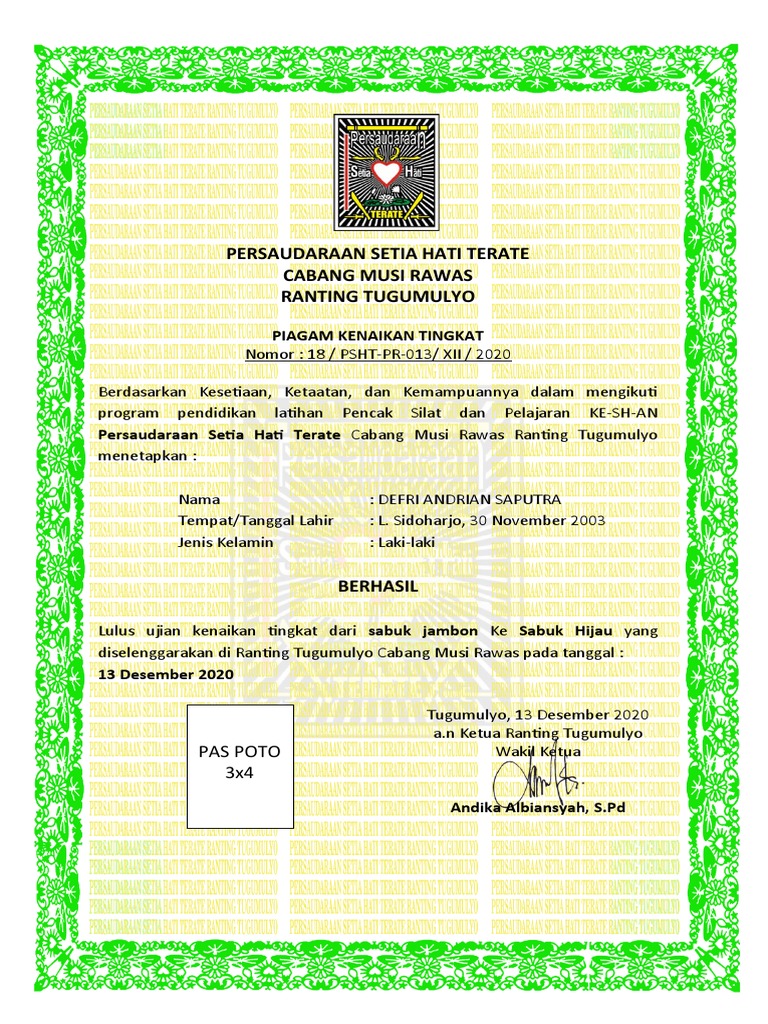 Piagam Kenaikan Tingkat Sabuk Hijau DEFRI ANDRIAN SAPUTRA | PDF