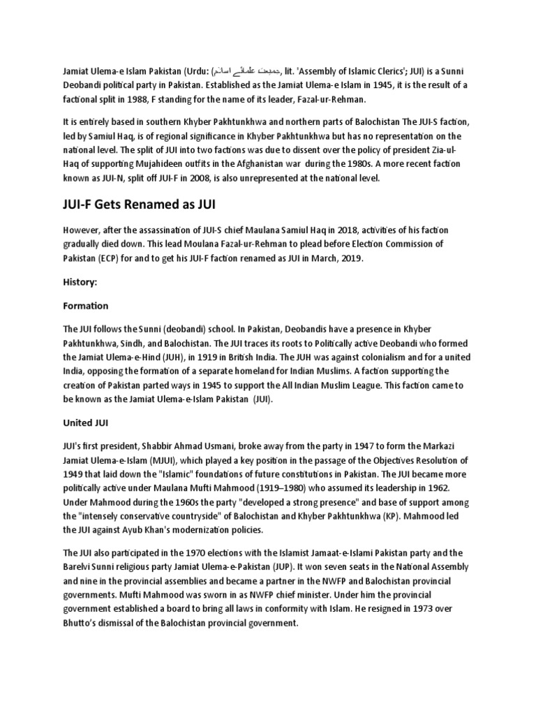 JUI-F Gets Renamed As JUI: History: Formation | PDF | Islamist Groups ...