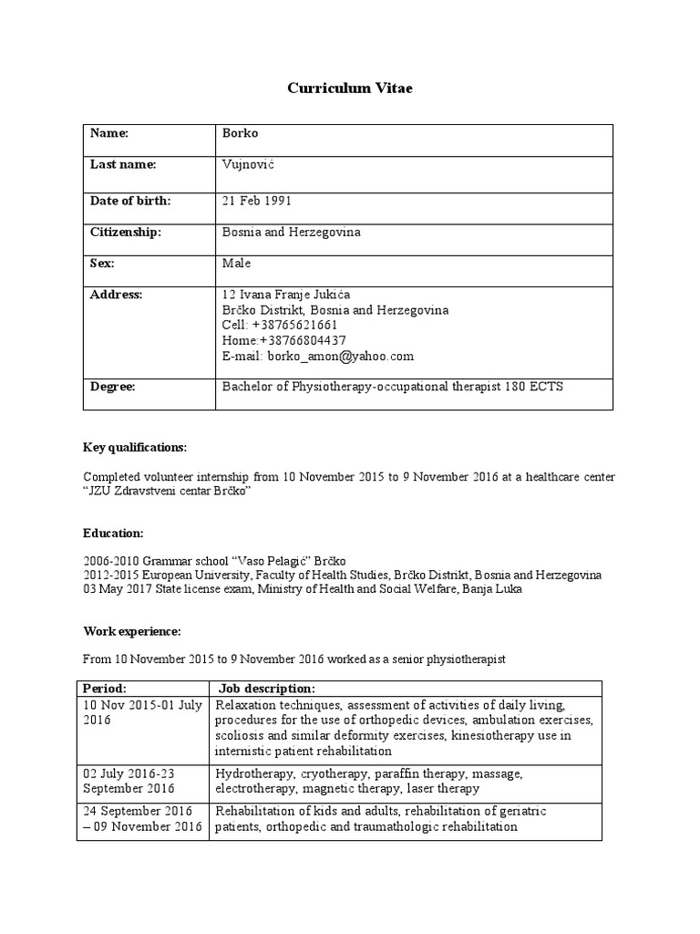 Obrazac Zivotopisa IC | PDF | Physical Therapy | Health Care