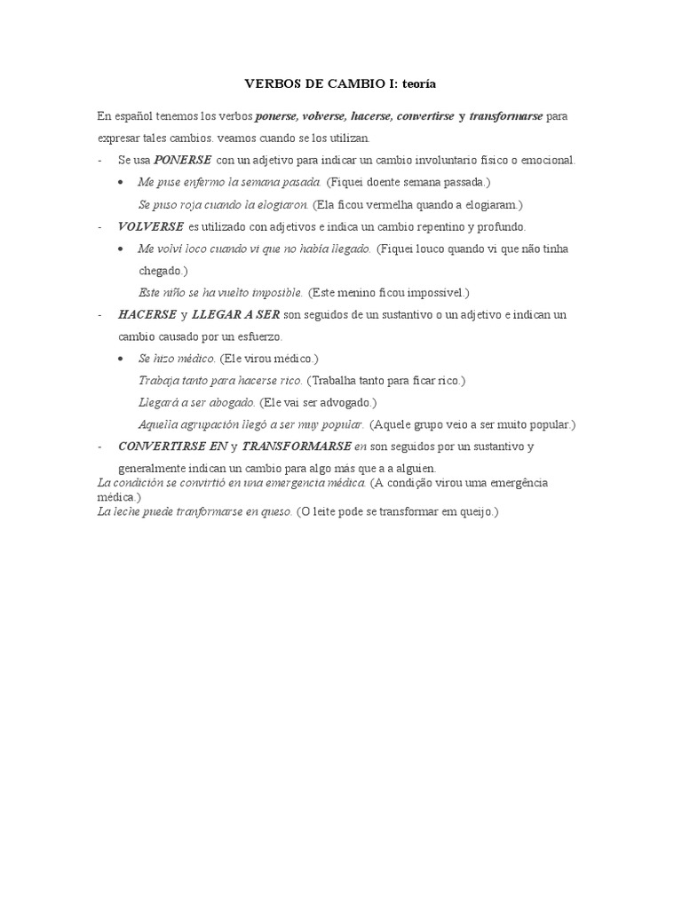 VERBOS DE CAMBIO I. Teoría | PDF