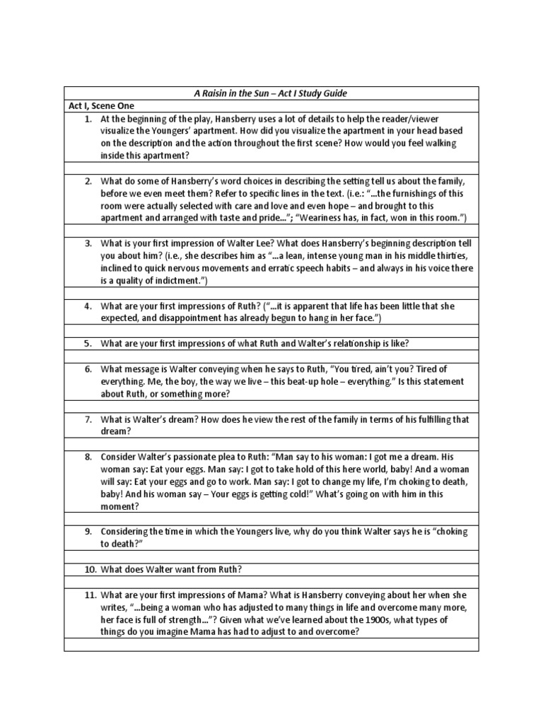 Act I, Scene One: A Raisin in The Sun - Act I Study Guide | PDF
