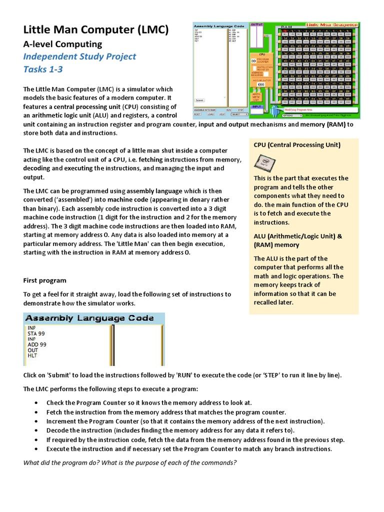 Little Man Computer (LMC) : Independent Study Project Tasks 1-3 | PDF ...