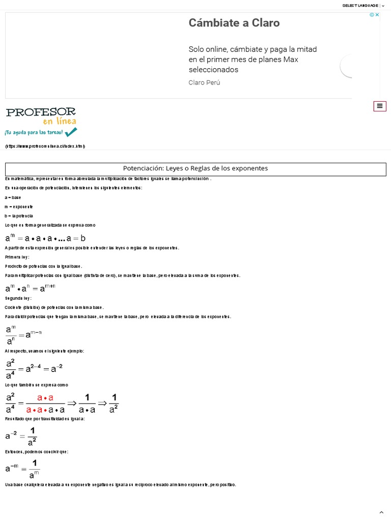 Potenciación - Leyes o Reglas de Los Exponentes | PDF | Exponenciación ...