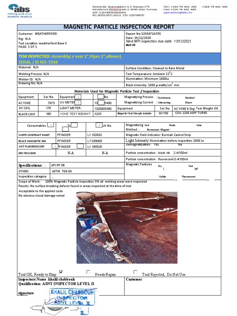 Magnetic Particle Inspection Report: TEM INSPECTED: Assembly (X Over 2 ...