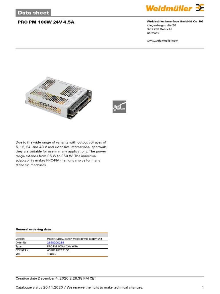 Data Sheet: PRO PM 100W 24V 4.5A | PDF | Power Supply | Electrical ...