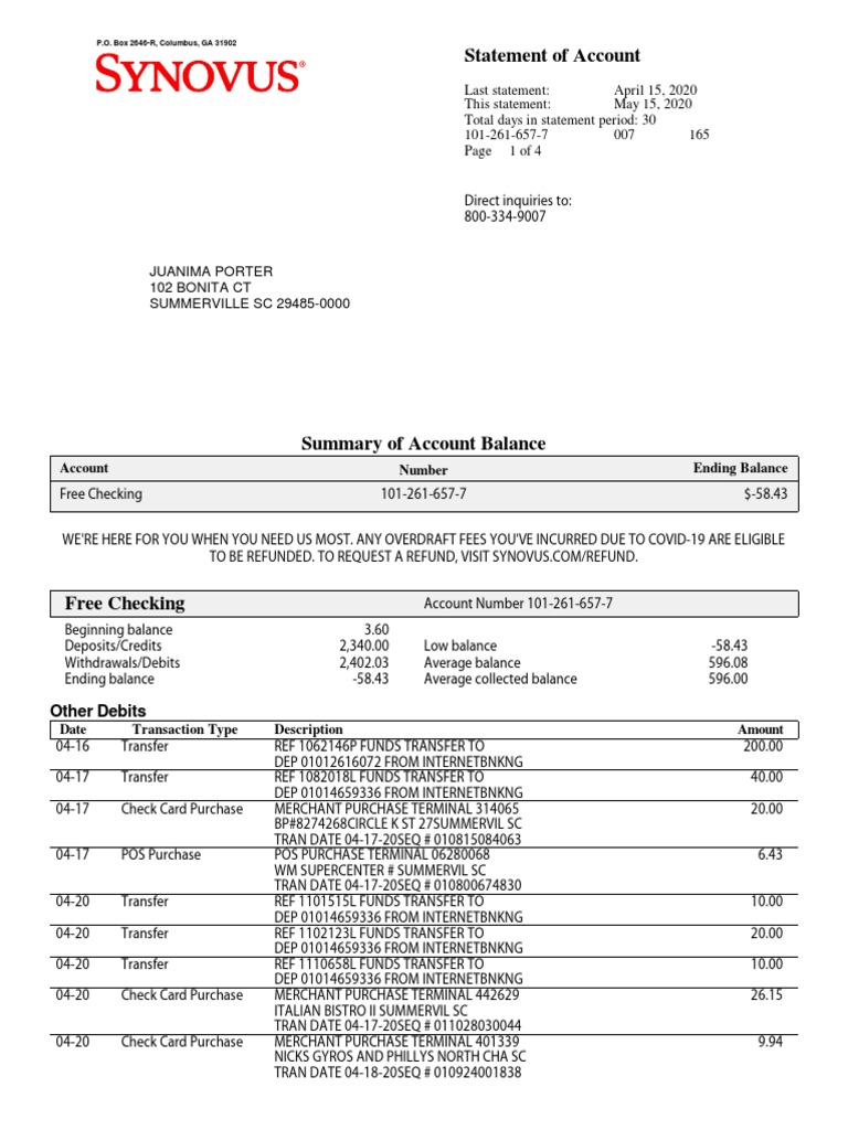 Statement of Account: Juanima Porter 102 Bonita CT SUMMERVILLE SC 29485 ...