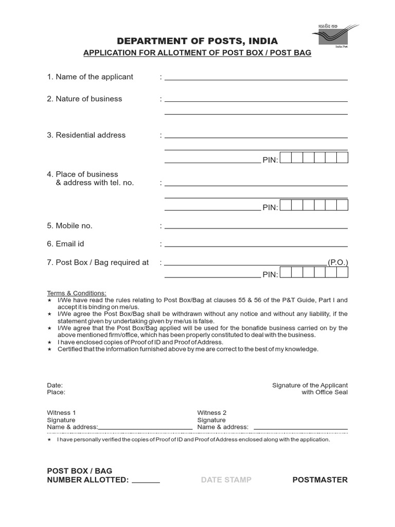 Post Box Application Form India | PDF