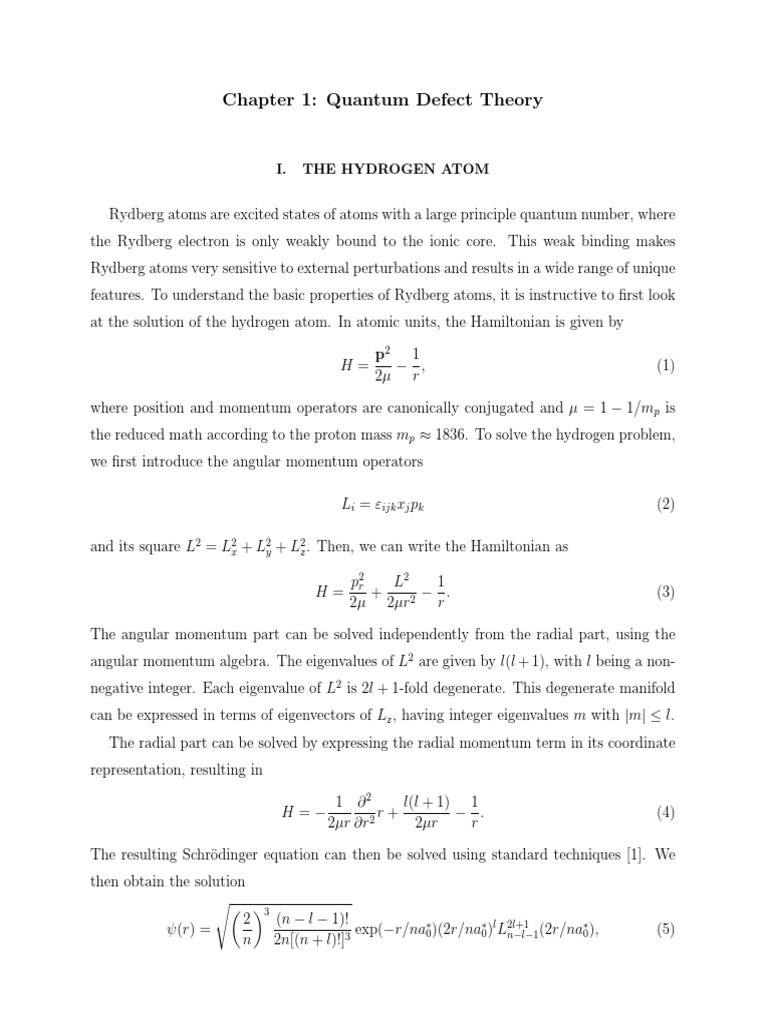 Chapter 1: Quantum Defect Theory: I. The Hydrogen Atom | PDF | Quantum Mechanics | Radioactive Decay
