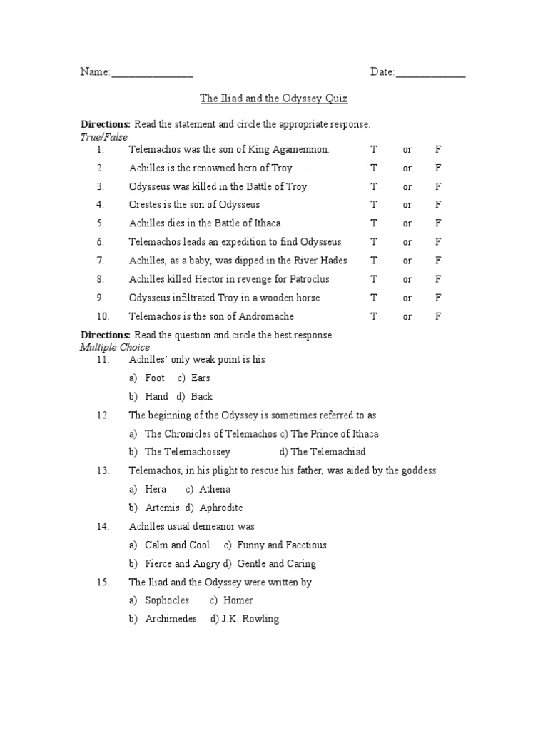Iliad - Odyssey Quiz | PDF | General Fiction