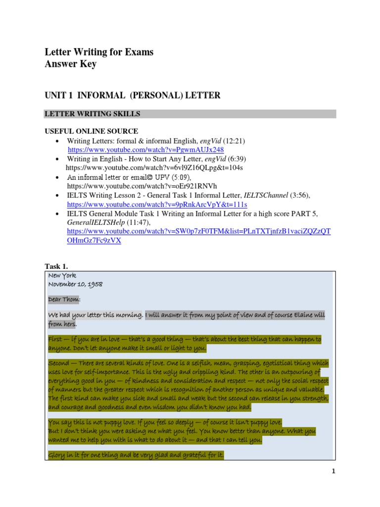 Letter Writing For Exams Answer Key: Unit 1 Informal (Personal) Letter ...