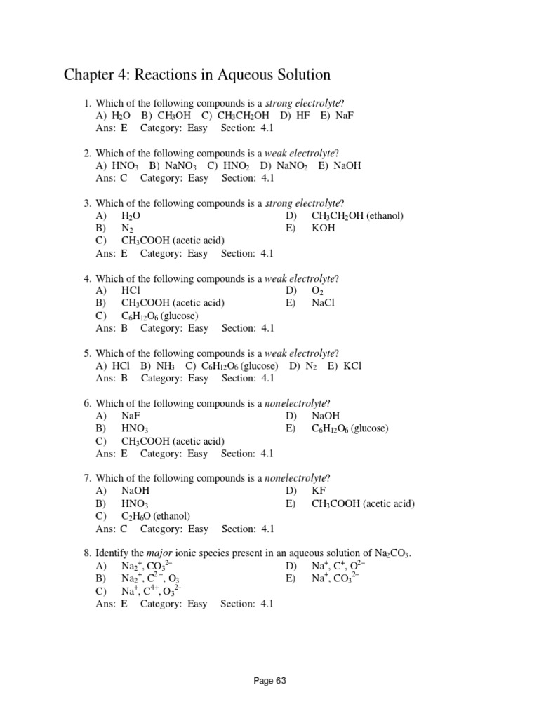 Chapter 4: Reactions in Aqueous Solution | PDF | Electrolyte | Acid