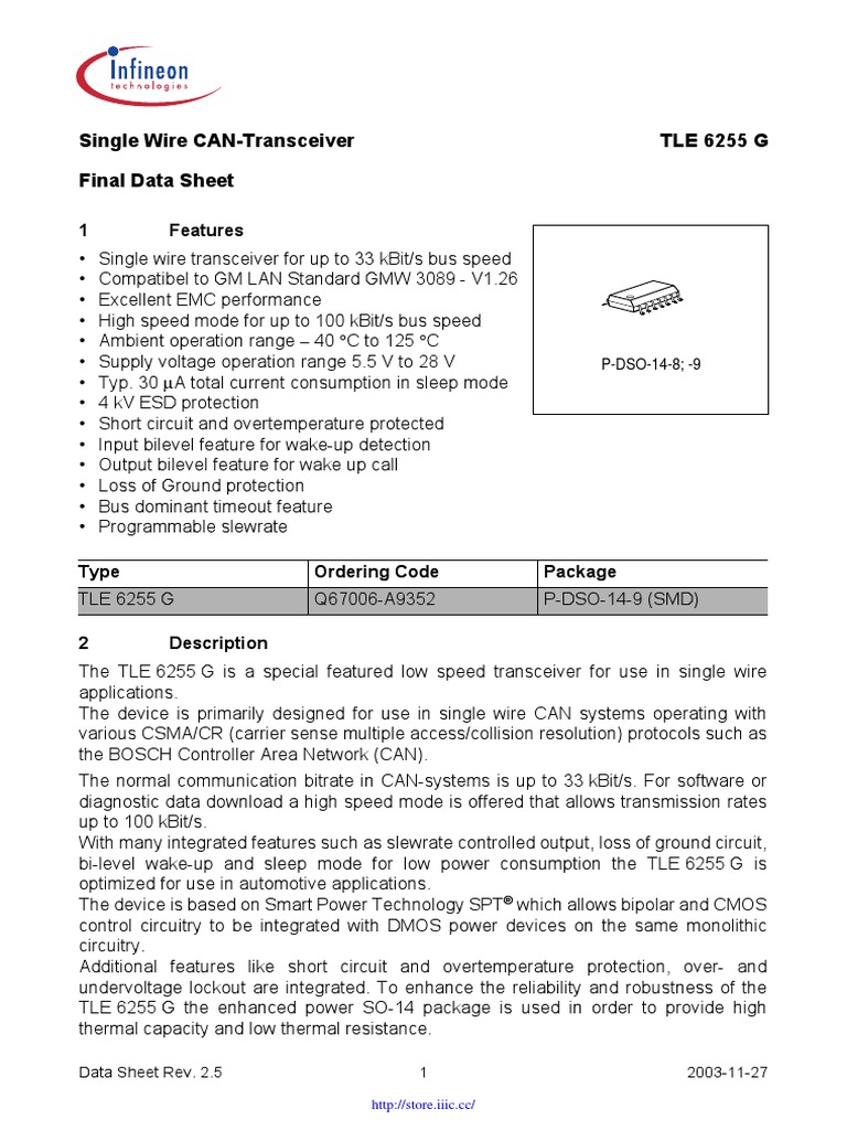 Single Wire CAN-Transceiver Final Data Sheet TLE 6255 G: 1 Features ...