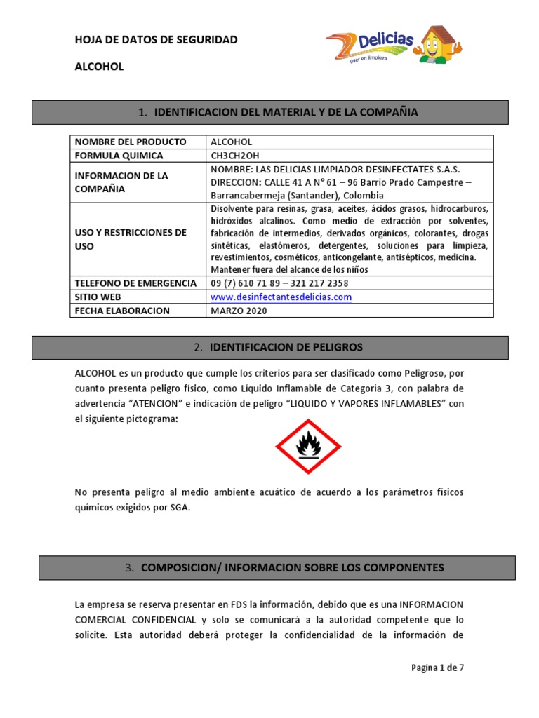 Hoja de Datos de Seguridad - Alcohol | Descargar gratis PDF | Alcohol | Agua