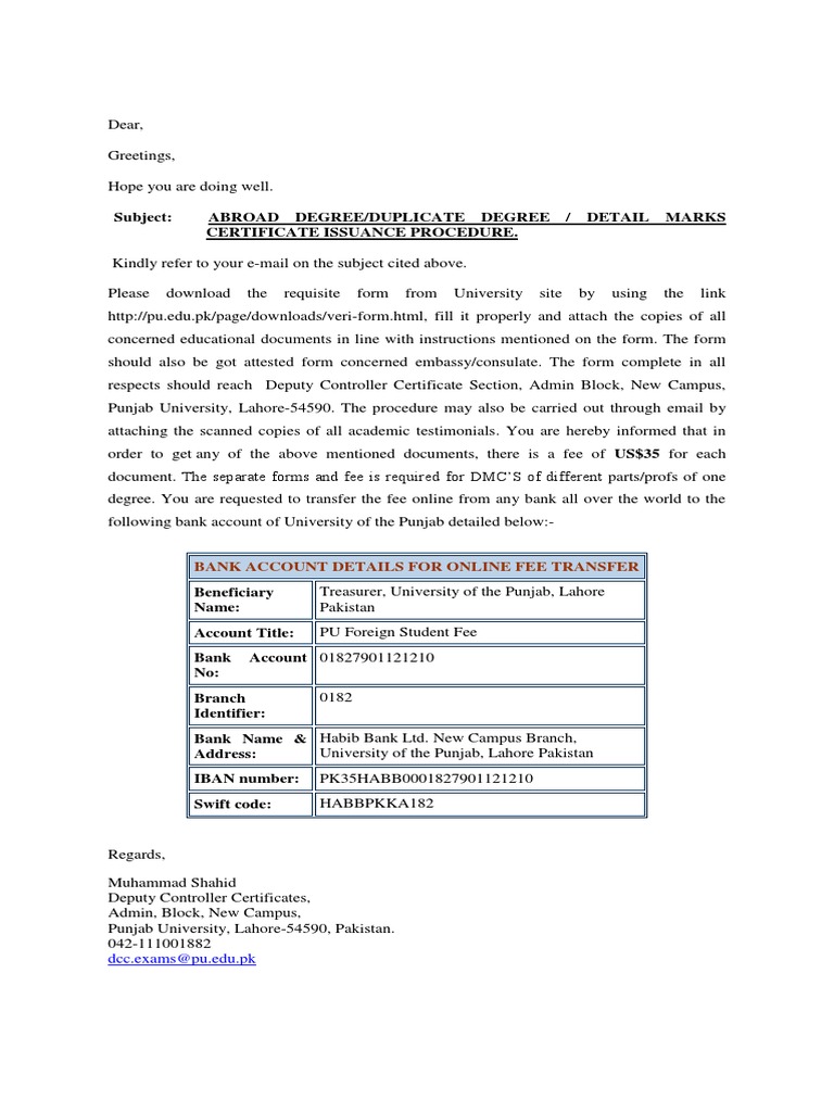 Procedure For Apply Degree Dmc Verification Form Etc Pdf Pakistan Fee