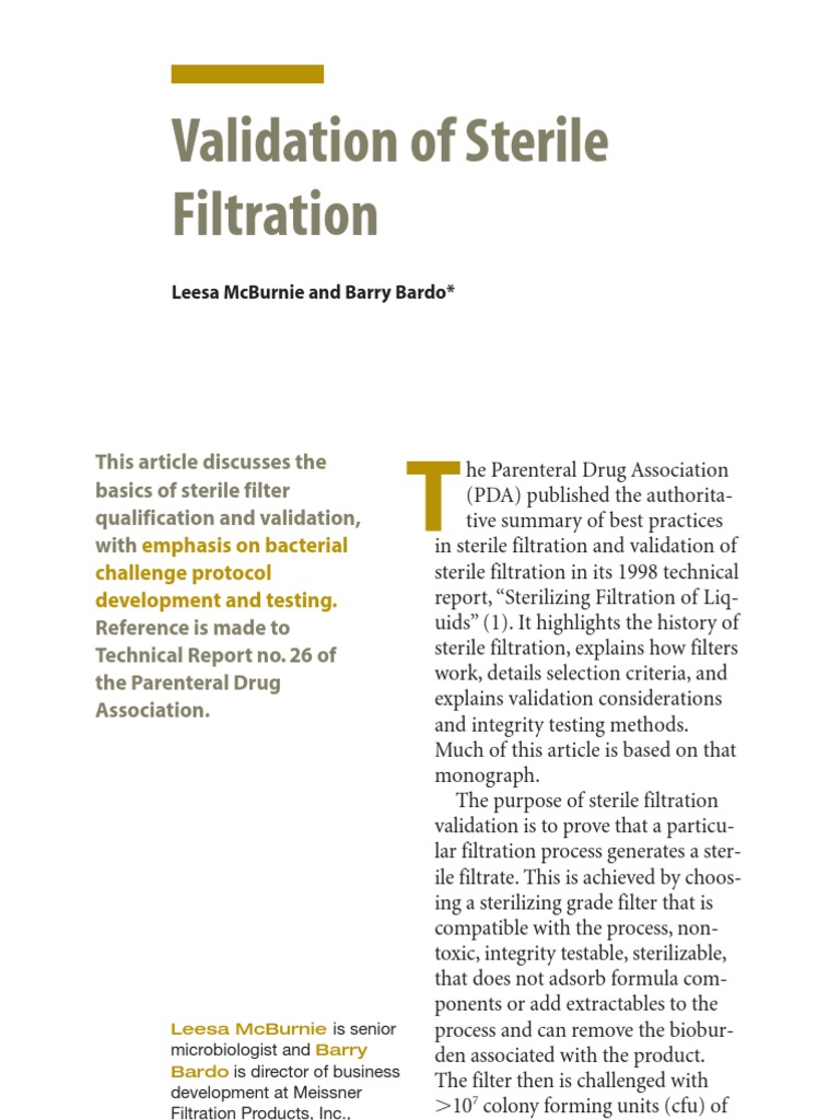 Validation of Sterile Filtration Article | PDF | Filtration | Sterilization (Microbiology)