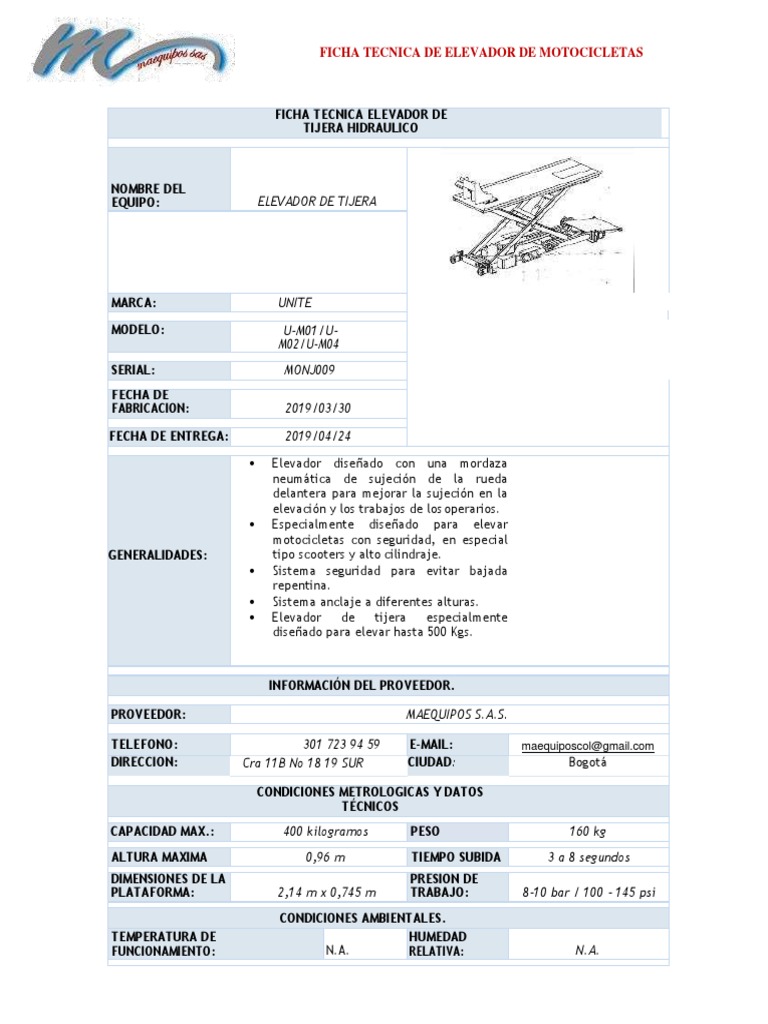 Ficha Tecnica Elevador de Tijera | PDF