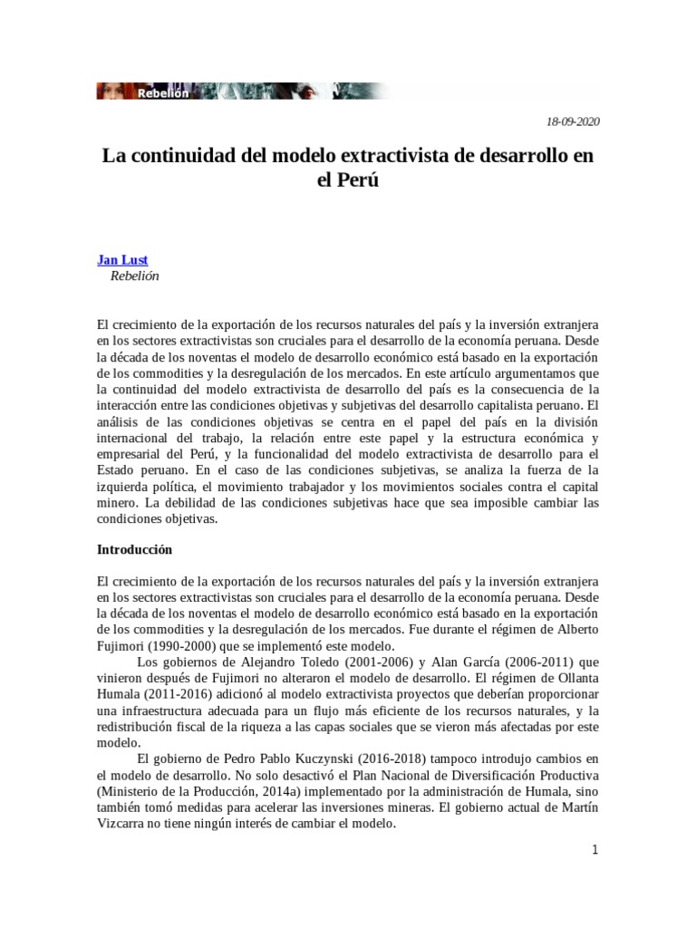 La Continuidad Del Modelo Extractivista de Desarrollo en El Perú | PDF ...