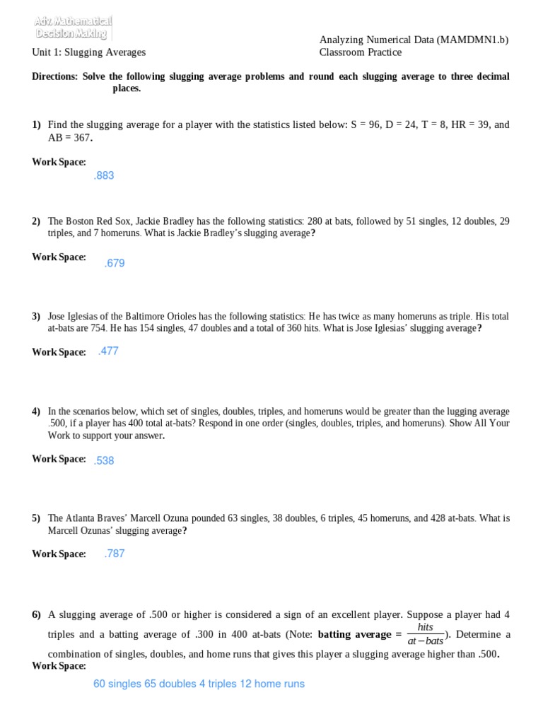 AMDM Unit 1 Slugging Averages Classroom Virtual Learning Practice (DHS ...