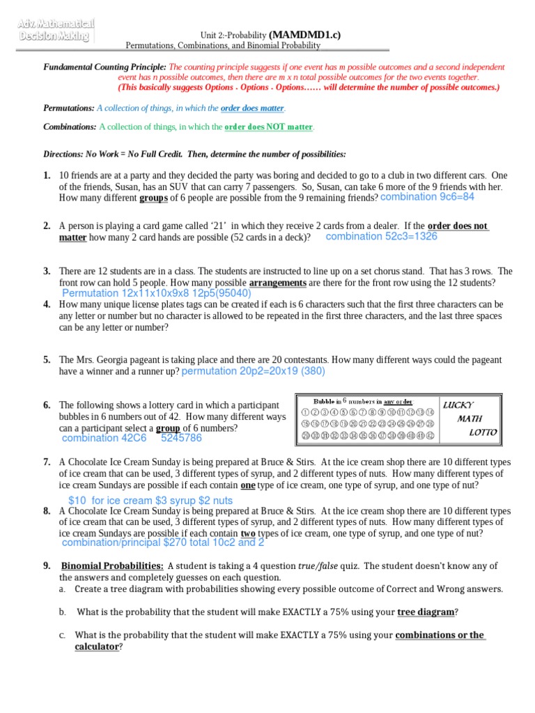 AMDM Unit 2 Permutations, Combinations, & Binomial Probability (DHS 2020-2021) | PDF | Teaching ...