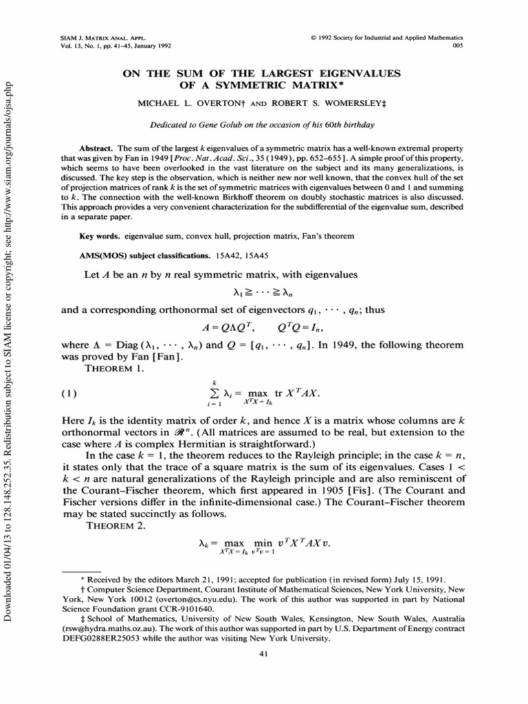 On The Sum of The K Largest Eigenvalues of A Symmetric Matrix | PDF | Matrix (Mathematics ...