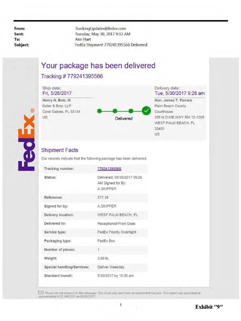 Exhibit 9 To MFS - FedEx Delivery Notification May 26, 2017 LTR, May 30 ...