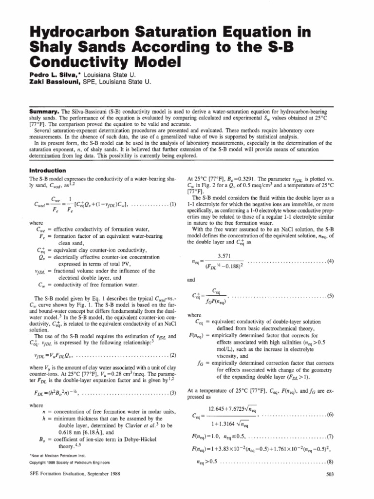 Hydrocarbon Saturation Equation According To The SB Conductivity Model ...