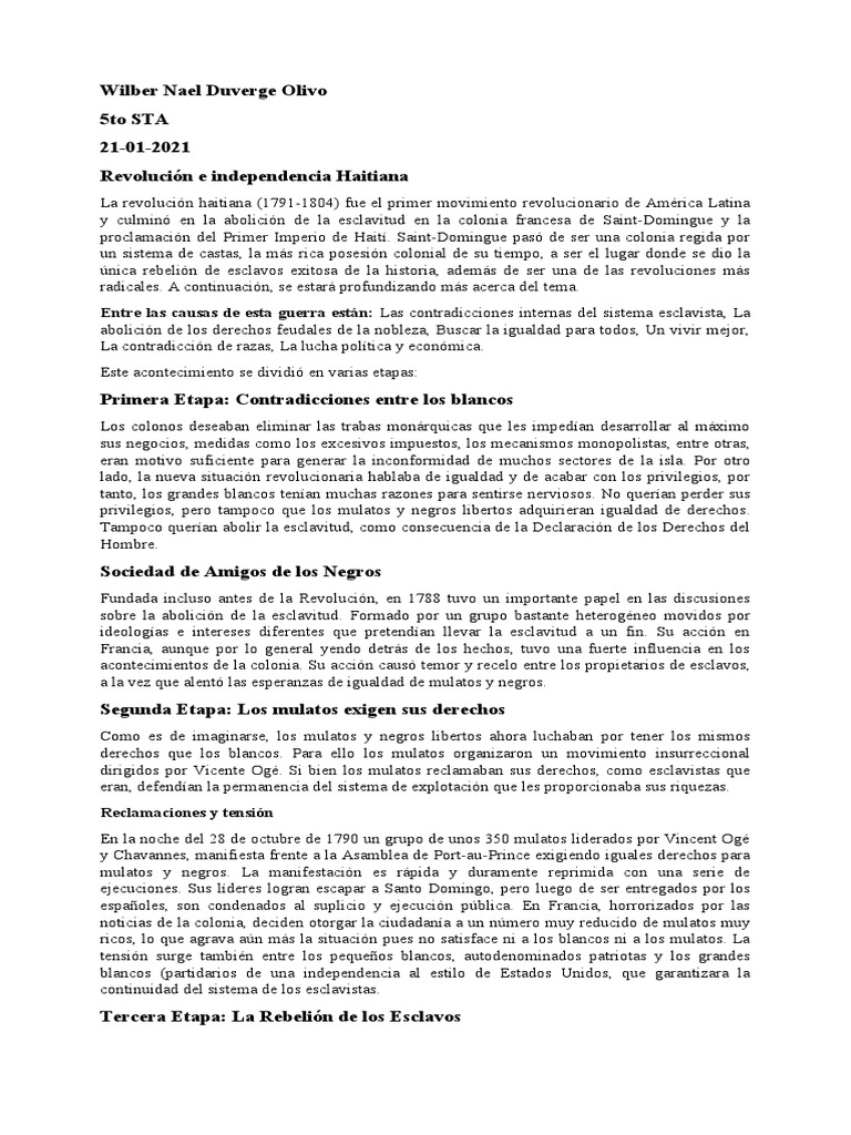 Revolución e Independencia Haitiana | PDF | Haití | Esclavitud