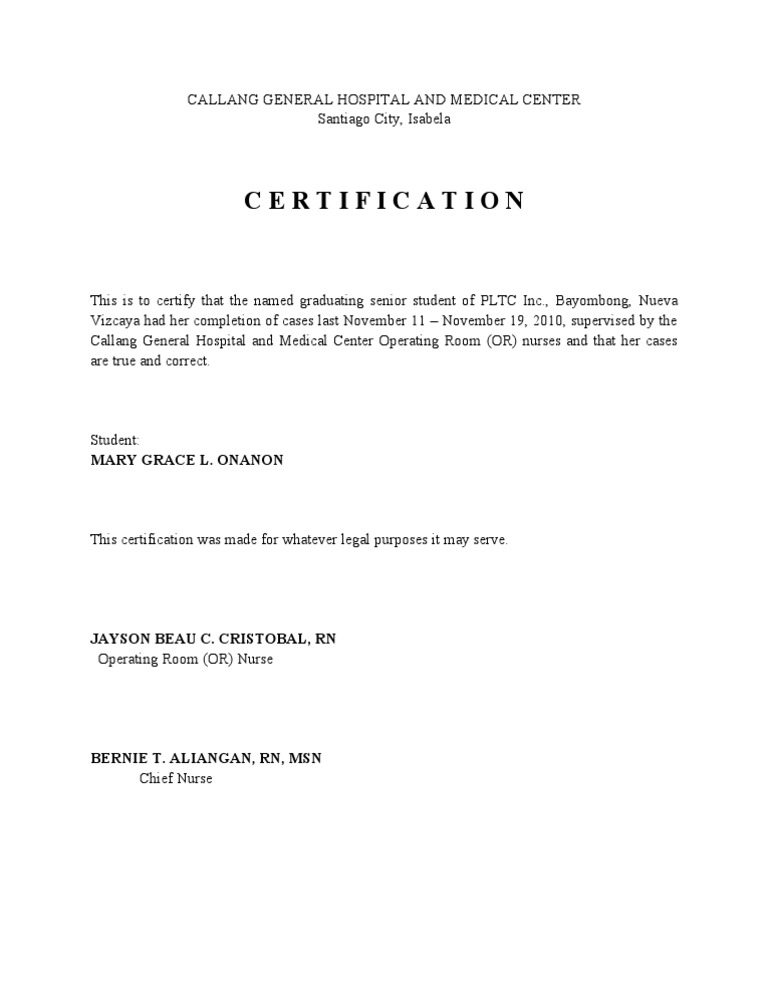 Callang Hospital Certification for Mary Grace Onanon | PDF