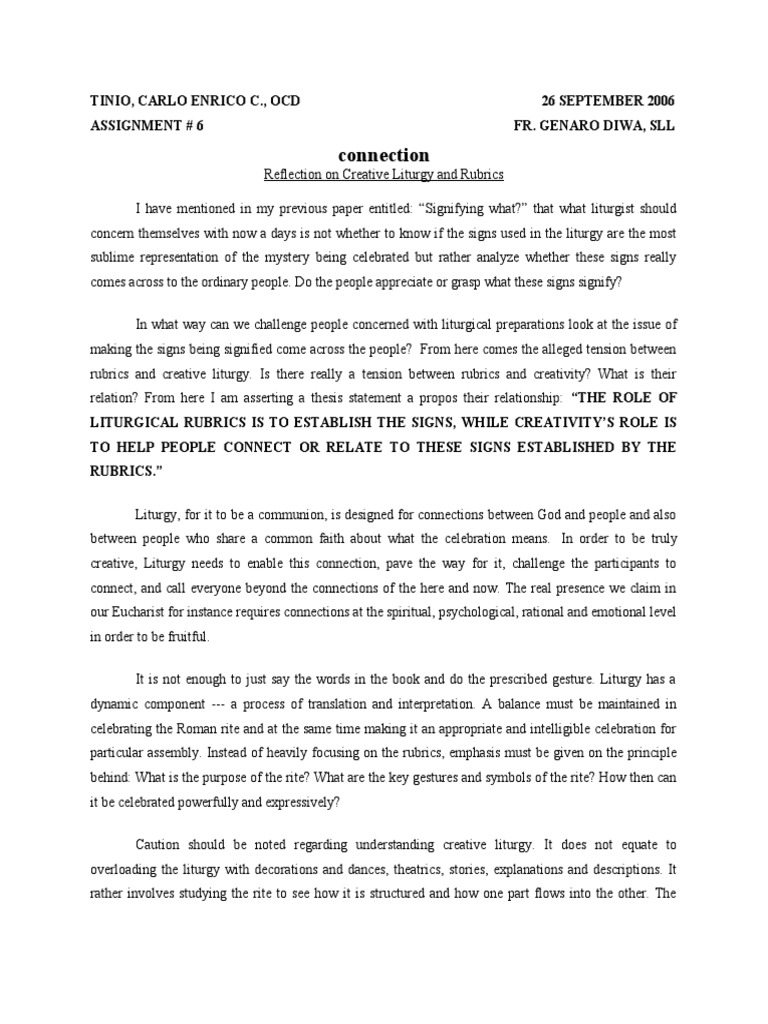 Connection A Reflection On Creative Litu | PDF | Liturgy | Eucharist