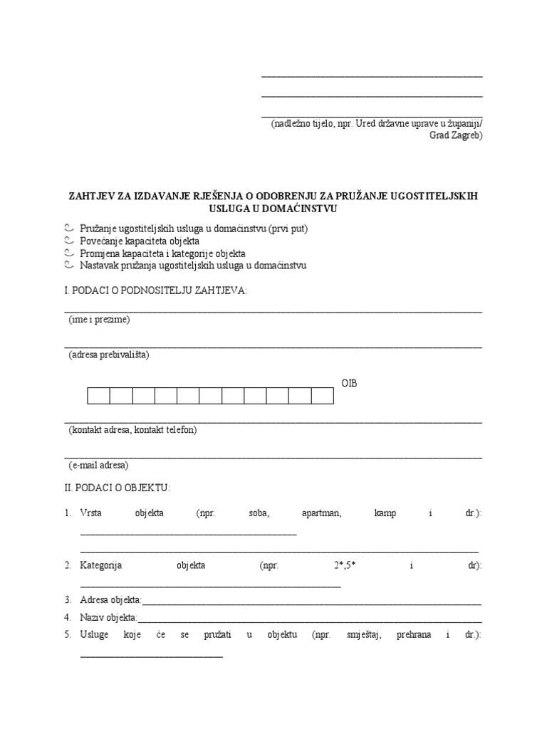 Zahtjev Za Izdavanje Rješenja o Odobrenju Za Pružanje Ugostitieljskih Usluga U Domaćinstvu | PDF