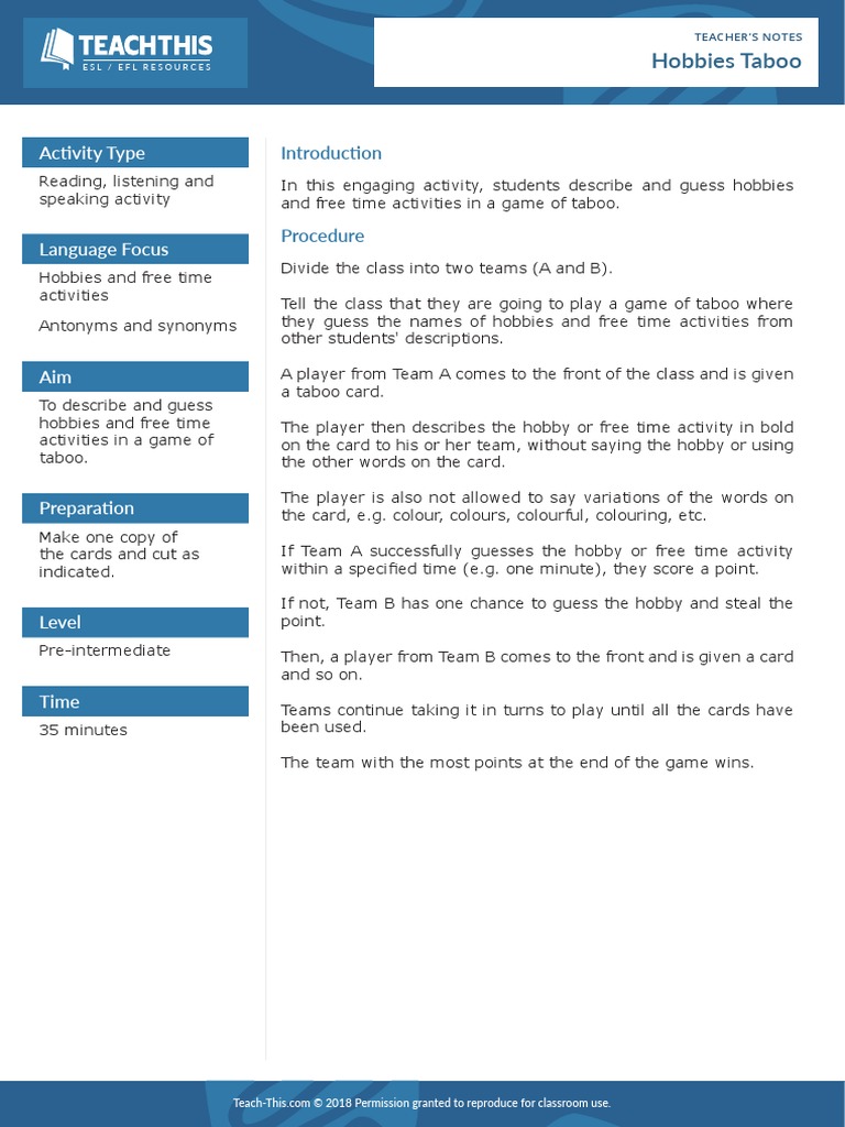 Hobbies Taboo: Activity Type | PDF | Hobbies | Sports