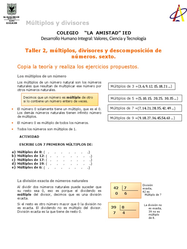 Taller 2, Múltiplos, Divisores y Factores Primos. | PDF | División ...