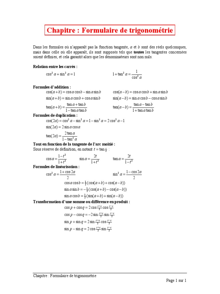 Formulaire Trigonometrie | PDF