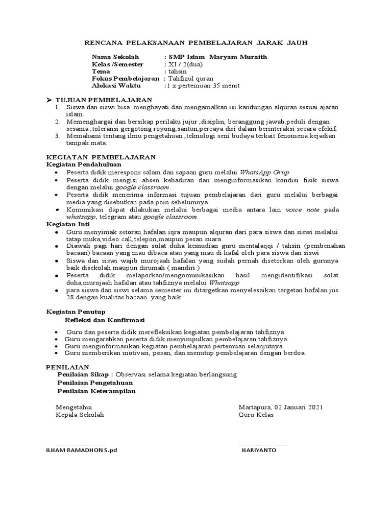 RPP Tahfiz SMP Kls 9 Semester 2, 2021 | PDF | Karier & Perkembangan