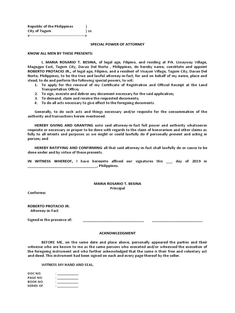 Special Power of Attorney Granting Roberto Protacio Jr. Authority to ...