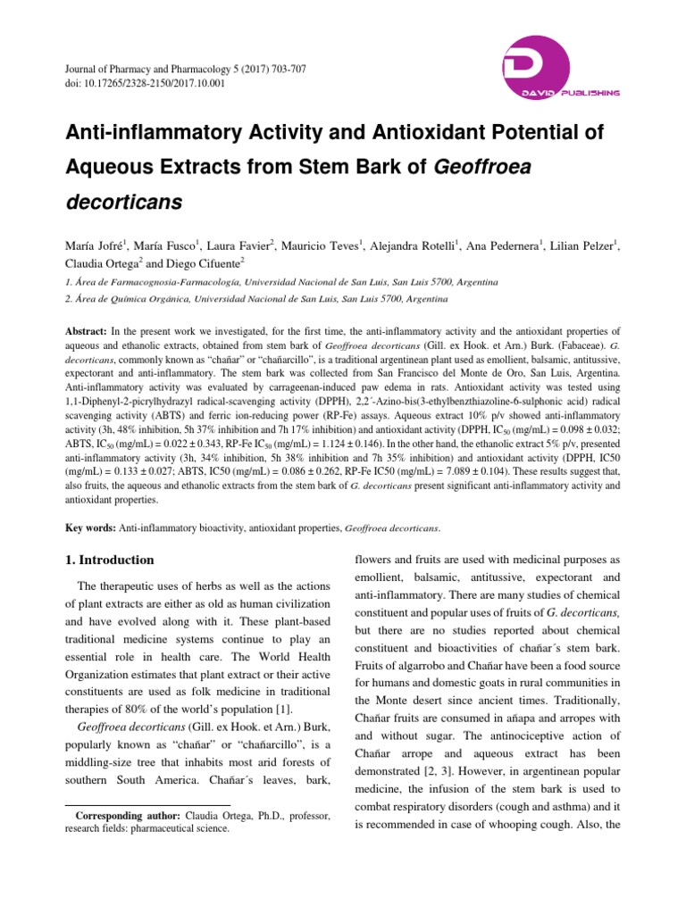 Anti-Inflammatory Activity and Antioxidant Potential of Aqueous Extracts From Stem Bark of ...
