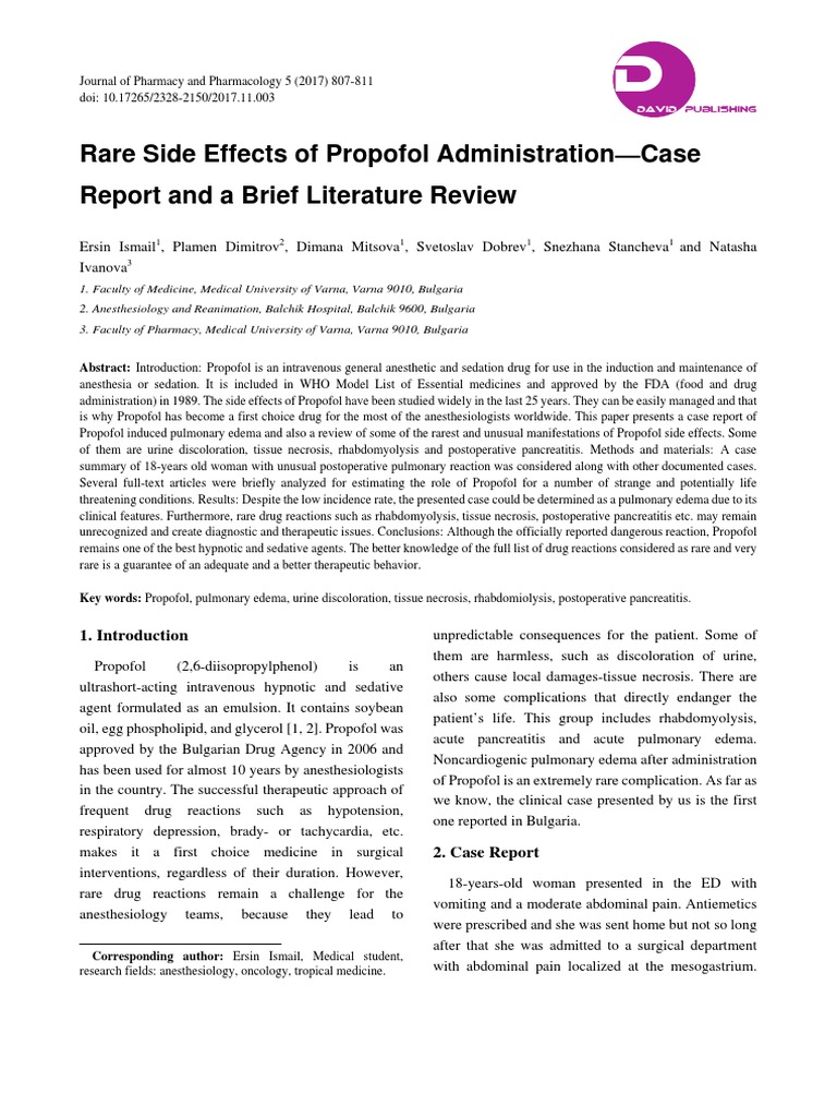Rare Side Effects of Propofol Administration-Case Report and A Brief ...