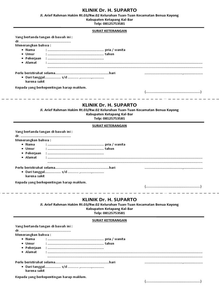 Surat Keterangan Sakit Klinik Dr. H. Suparto | PDF