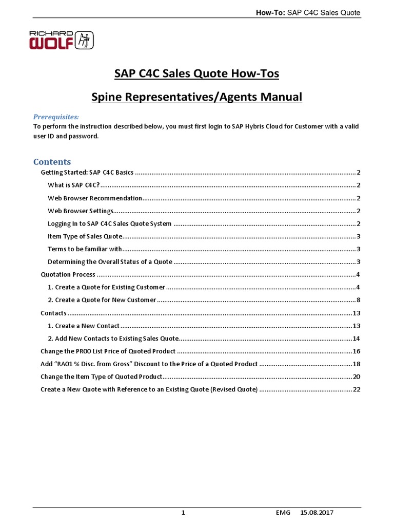 SAP C4C Sales Quote How-Tos Spine Representatives/Agents Manual | PDF ...