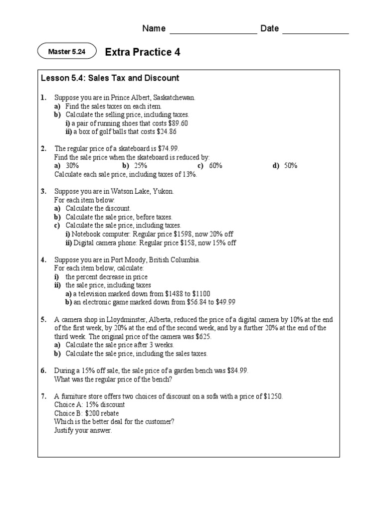 Extra Practice 4: Lesson 5.4: Sales Tax and Discount | PDF | Marketing ...