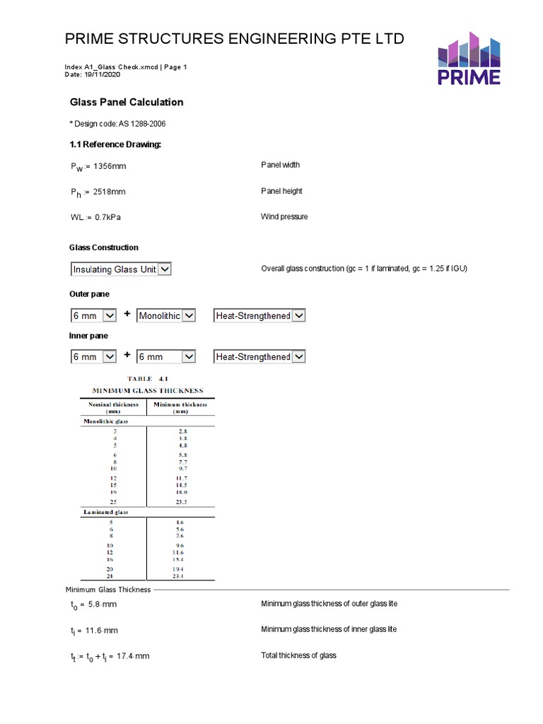 Prime Structures Engineering Pte LTD: Glass Panel Calculation | PDF | Economic Sectors ...