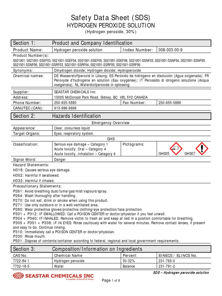 Safety Data Sheet (SDS) : Hydrogen Peroxide Solution | PDF | Combustion ...