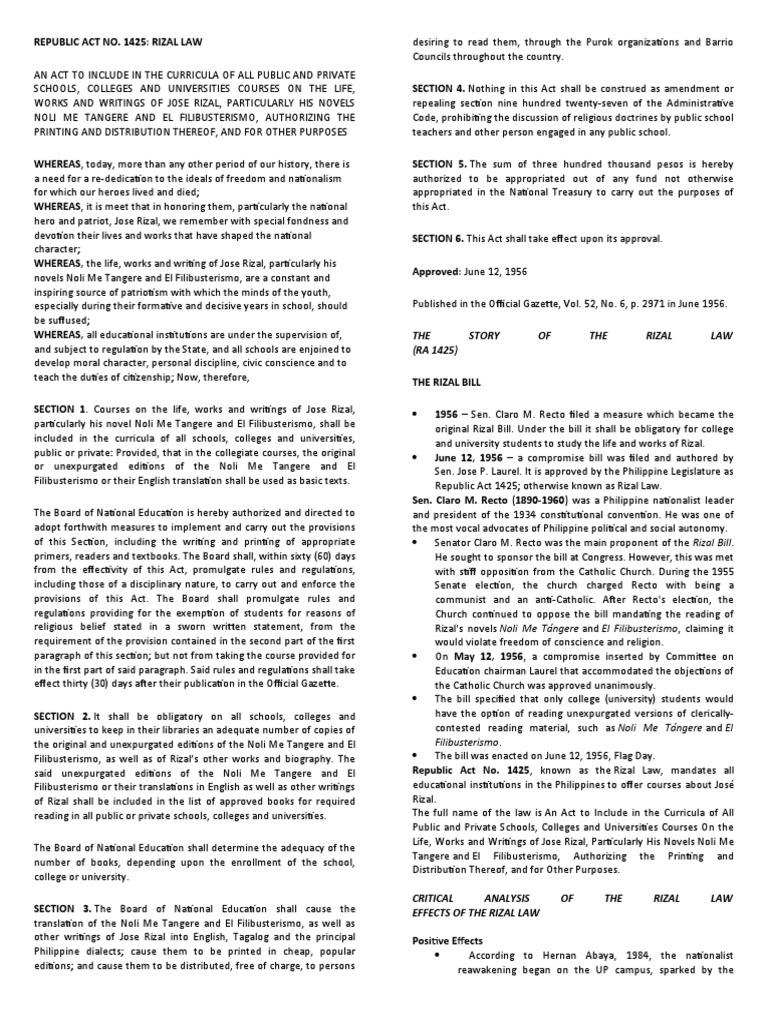 THE Story OF THE Rizal LAW (RA 1425) : Filibusterismo | PDF | Religion ...