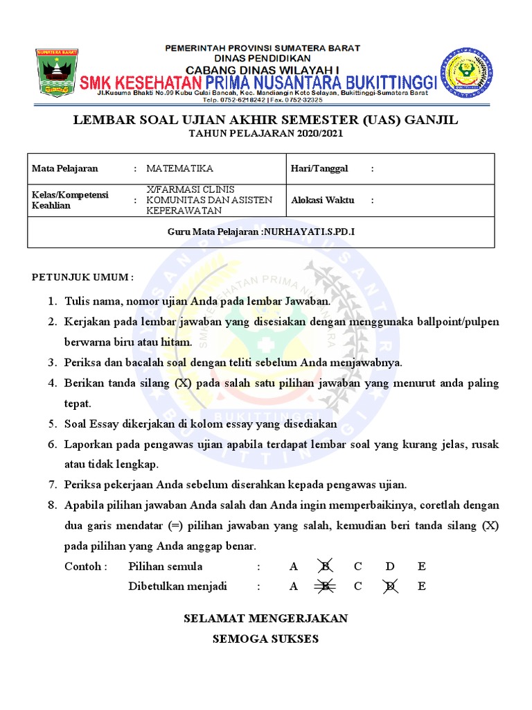 Lembar Soal Ujian Akhir Semester MTK X | PDF