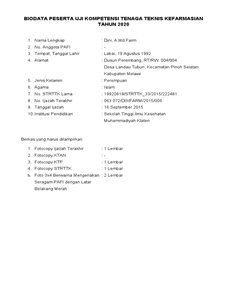 Biodata Peserta Uji Kompetensi Tenaga Teknis Kefarmasian | PDF ...