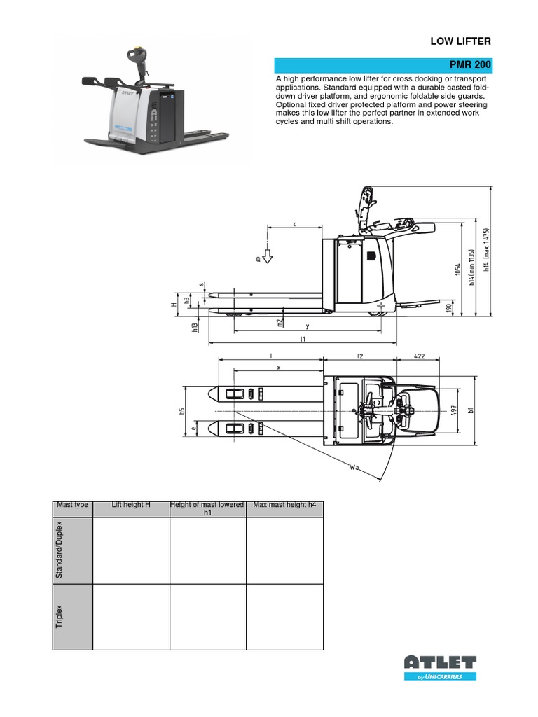 Low Lifter PMR 200: Mast Type Lift Height H Height of Mast Lowered h1 ...