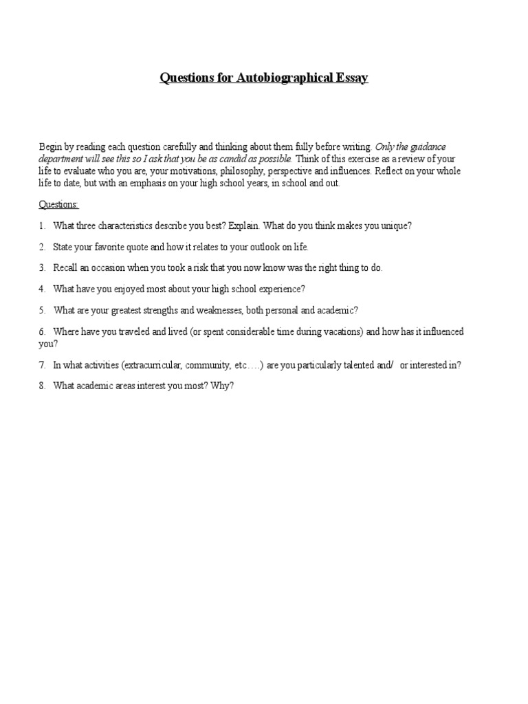 Questions For Autobiographical Essay | PDF | Psychological Concepts ...